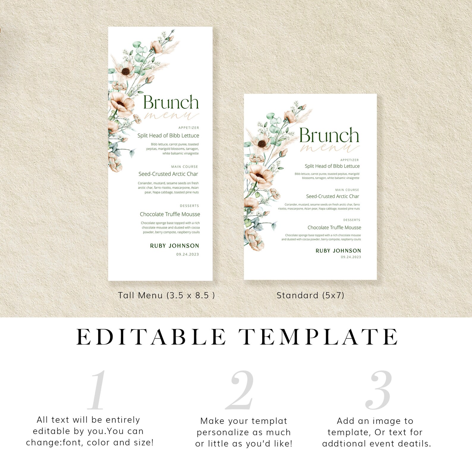 Wildflower Menu Template, Elegant Floral Brunch Menu, Printable ...