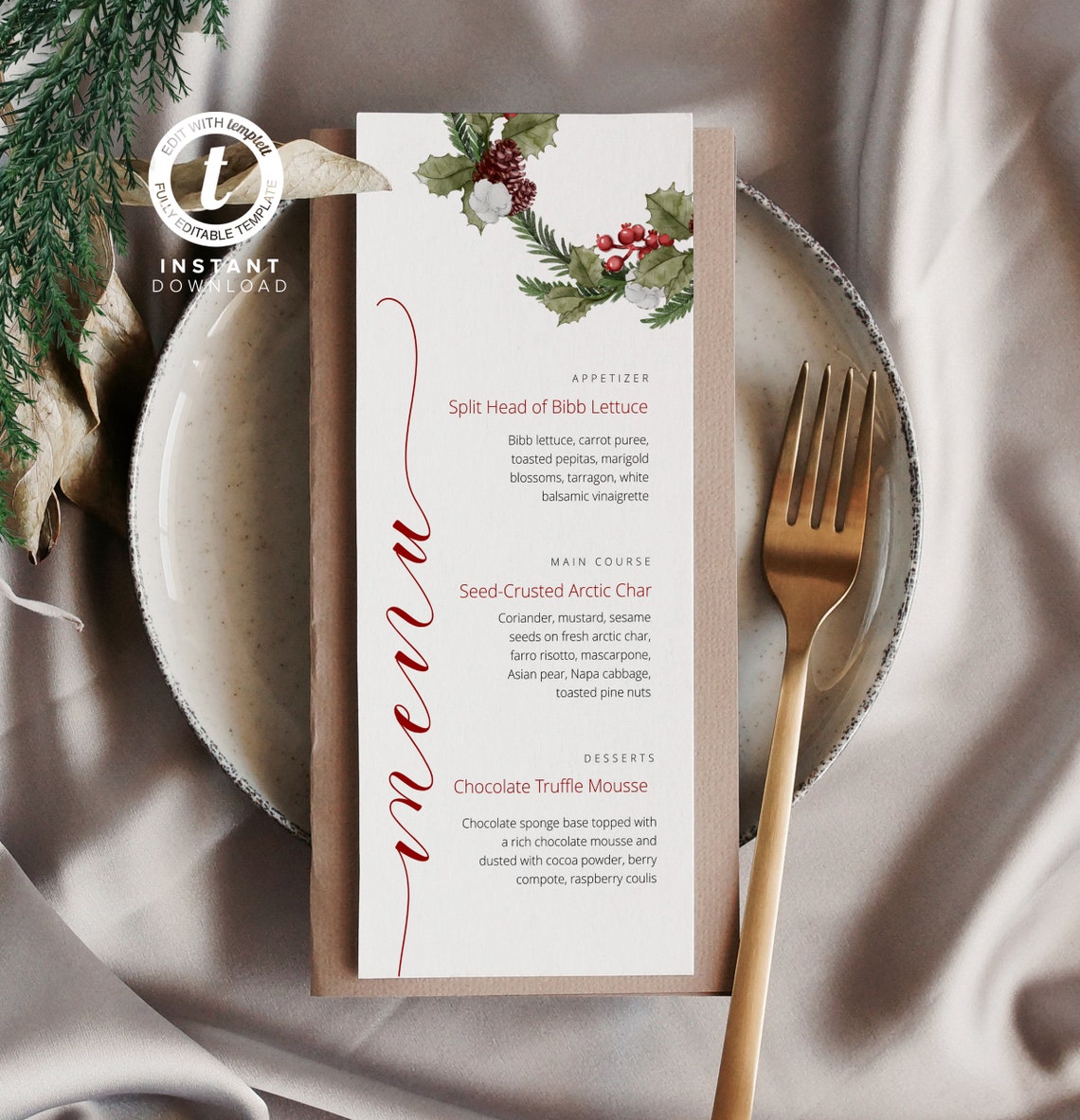 Editable Christmas Menu Template, Christmas Wreath Menu, Printable ...