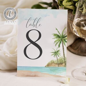 Beach Ocean Themed Wedding Table Number Card Template, Editable ...