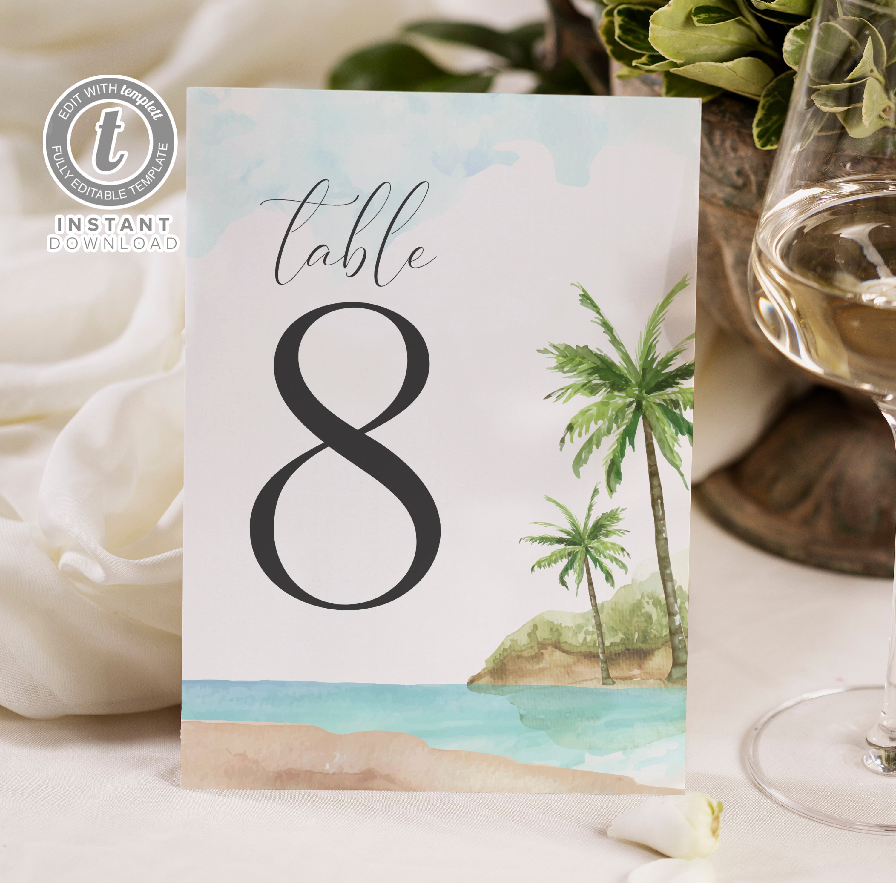 Beach Ocean Themed Wedding Table Number Card Template, Editable ...