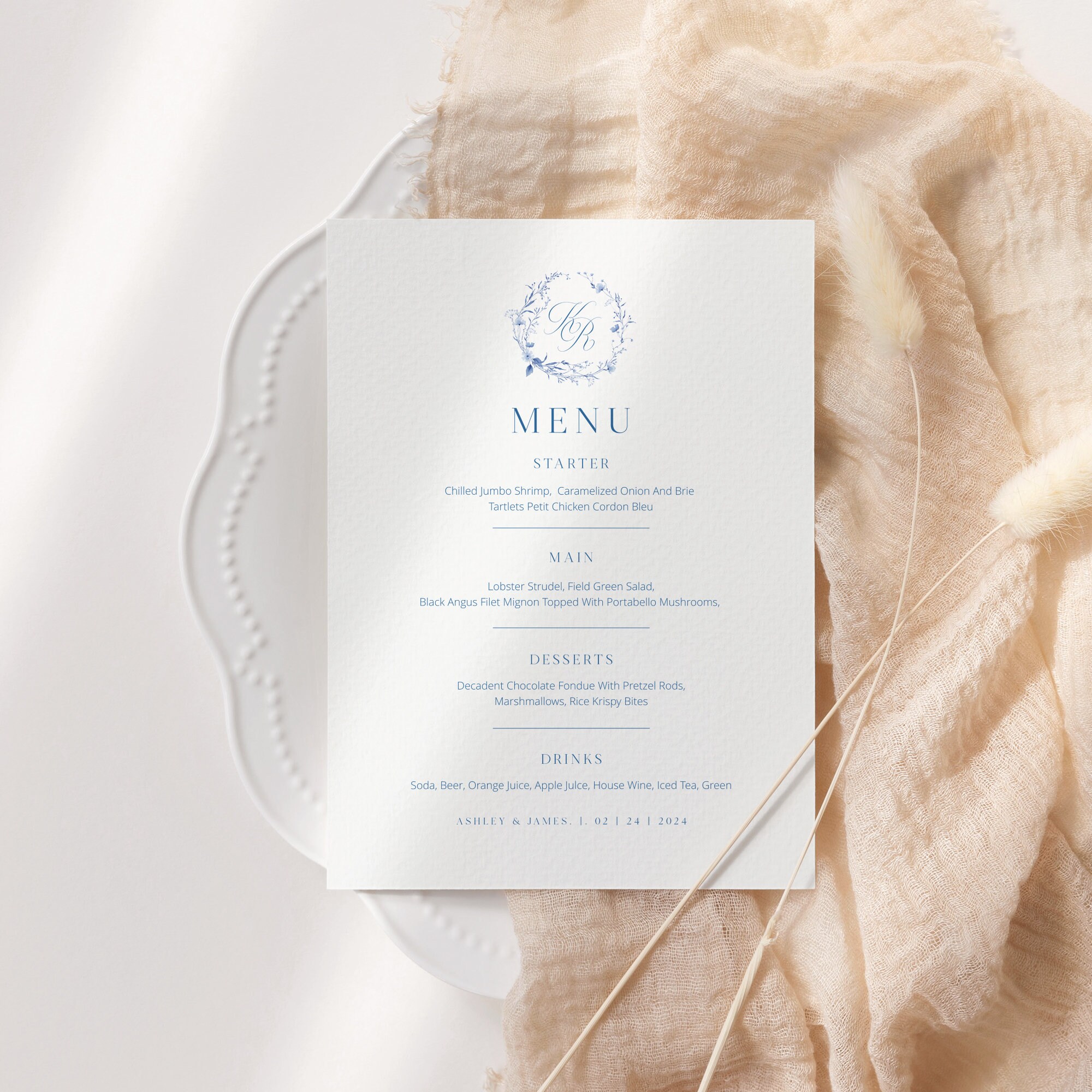 Dusty Blue Wildflower Menu Template, Blue Monogram Floral Crest Menu ...