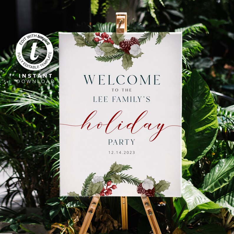 Holiday Party Sign Template, Editable Christmas Welcome Sign ...