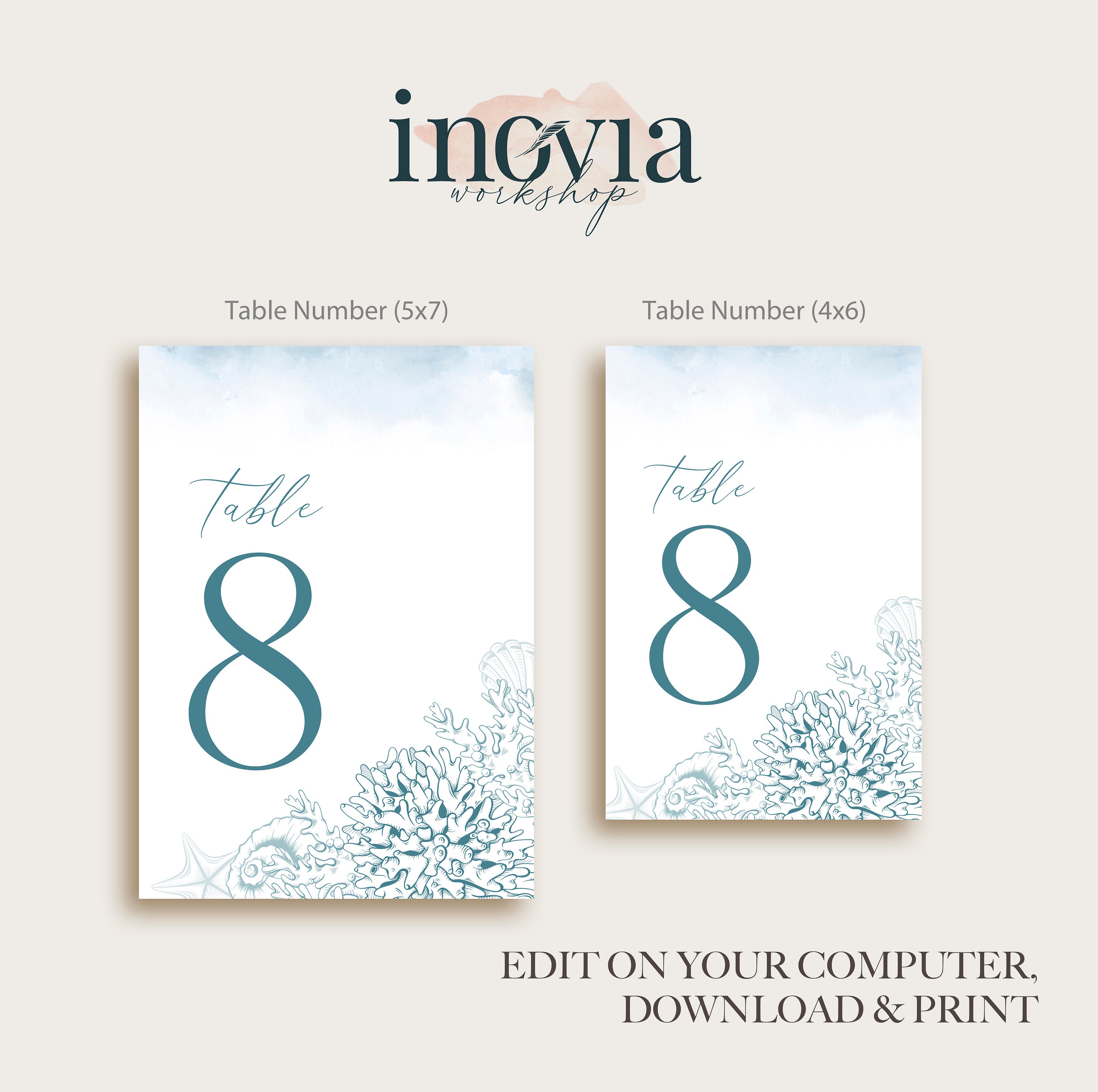 Blue Ocean Wedding Table Number Card Template, Editable Coastal ...