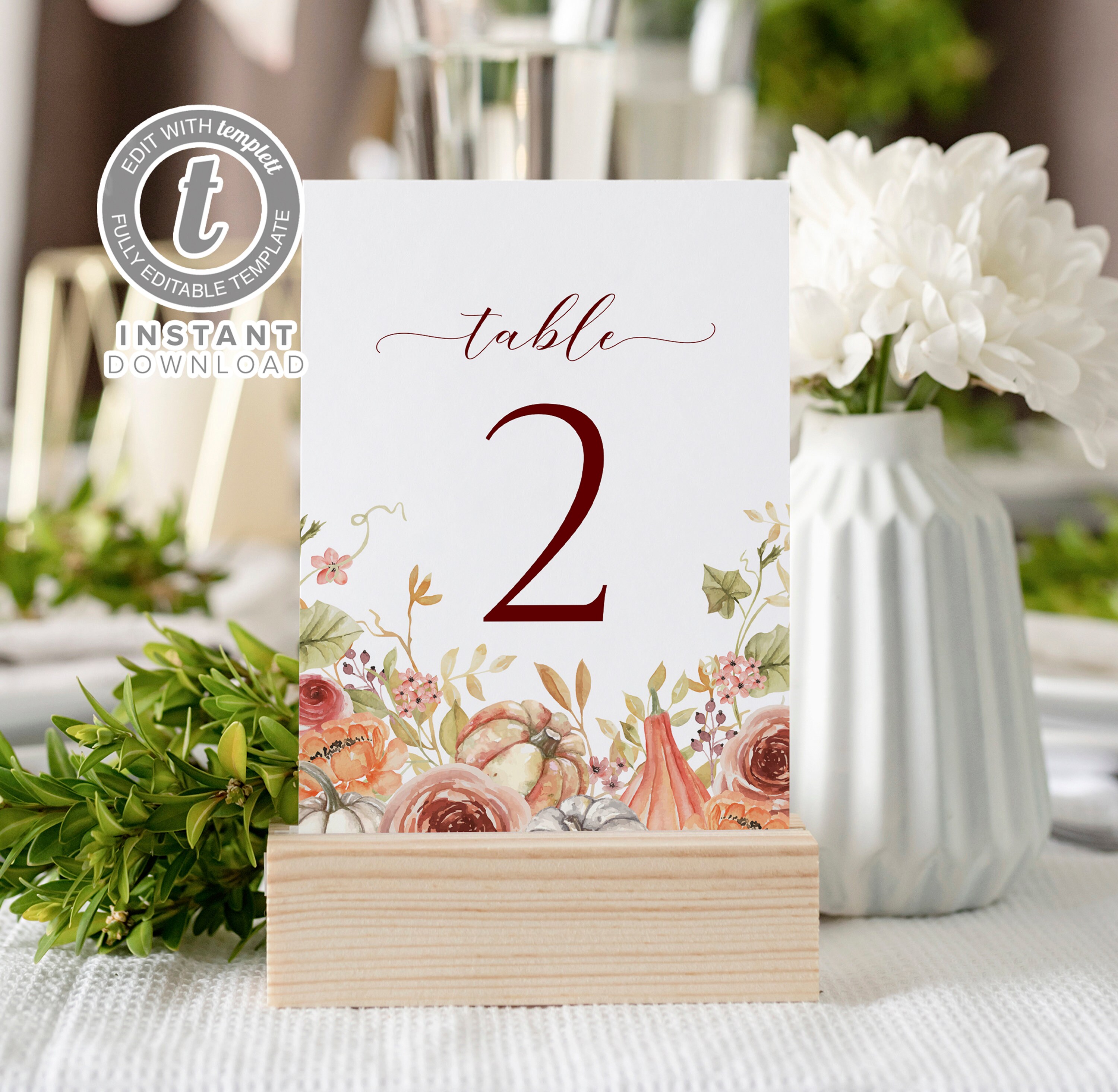 Fall Floral Pumpkin Wedding Table Number Template,editable Wildflower ...