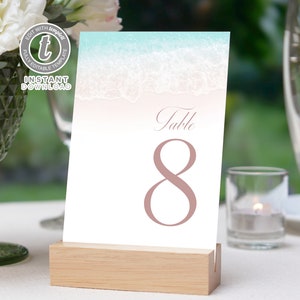 Beach Themed Wedding Table Number Card Template, Editable Printable ...