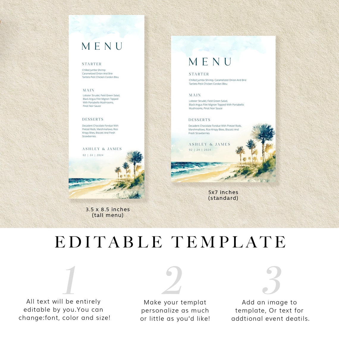 Palm Tree Ocean Beach Wedding Menu Template,beach Palm Tree Wedding ...