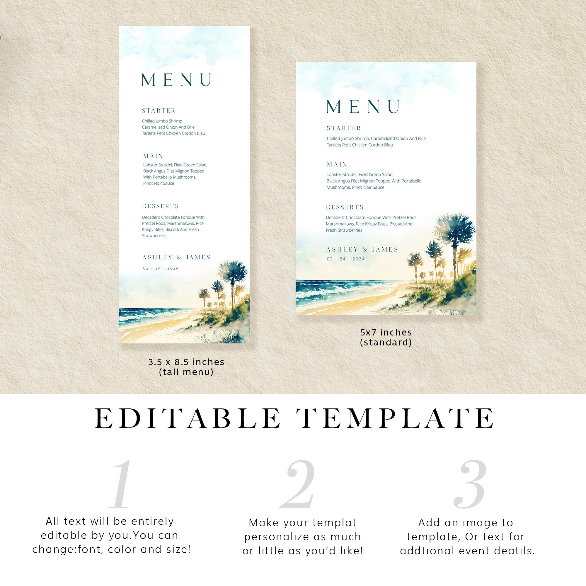 Palm Tree Ocean Beach Wedding Menu Template,beach Palm Tree Wedding ...