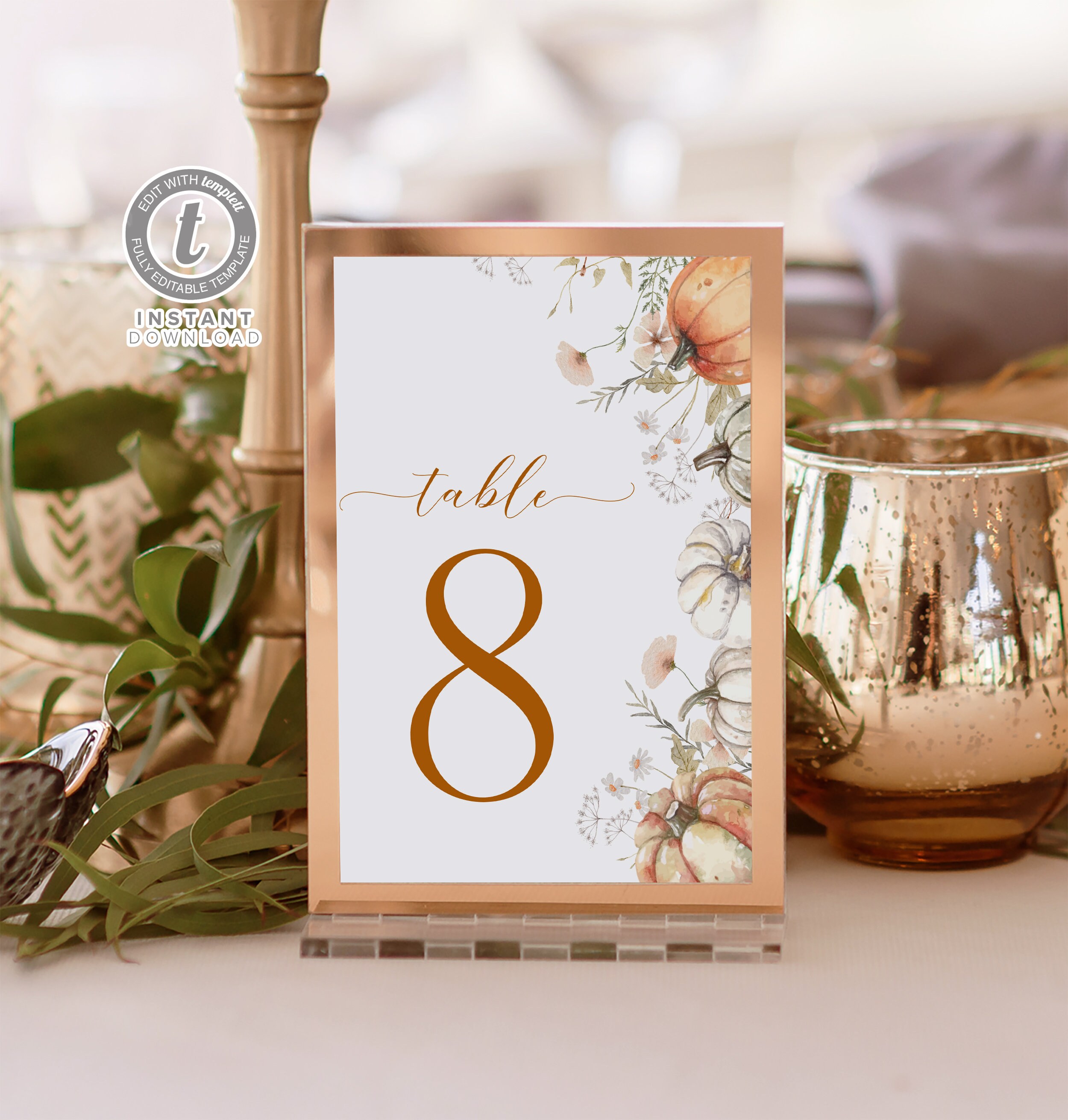 Fall Wildflower Pumpkin Wedding Table Number Template, Editable Number ...