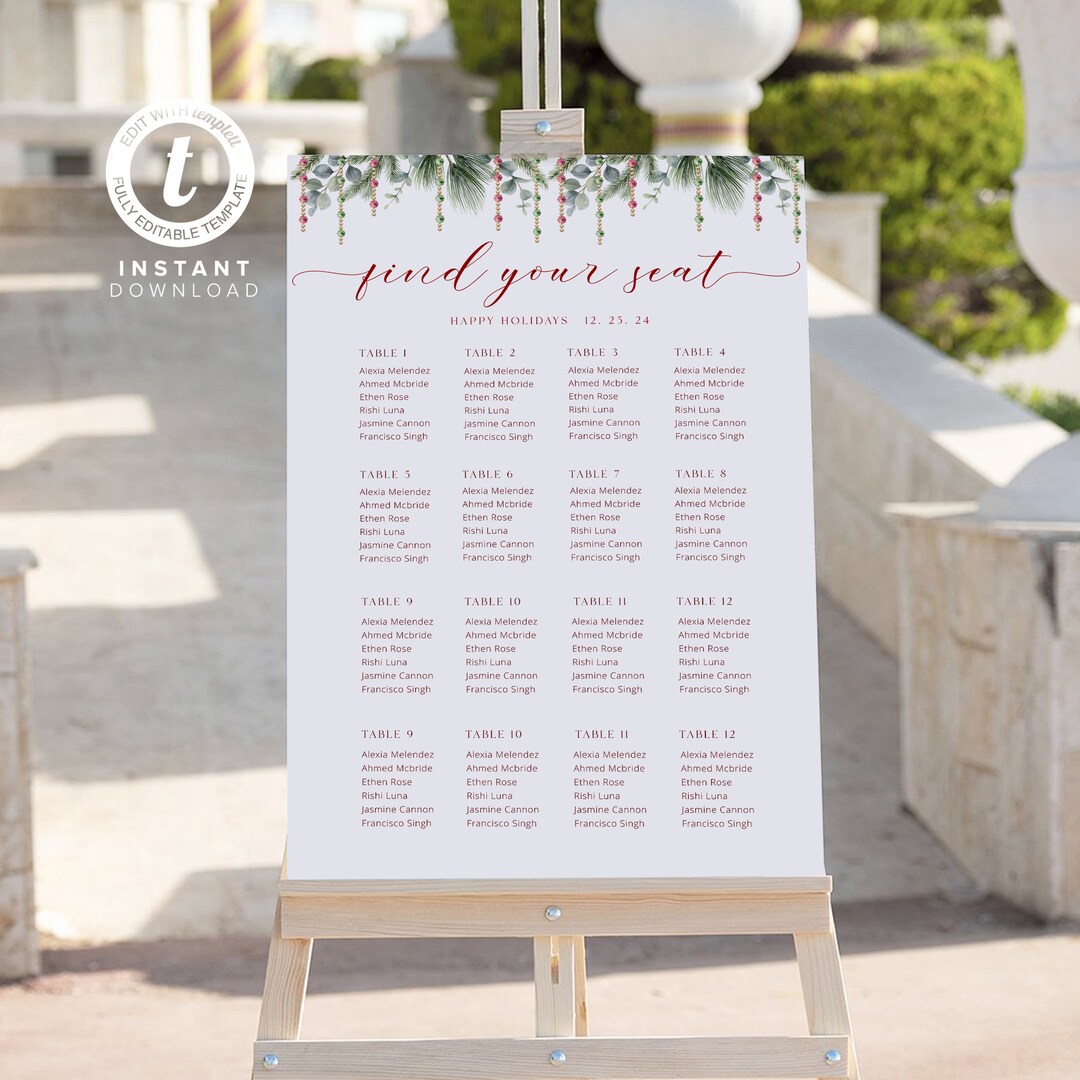 Editable Christmas Seating Chart Template, Winter Wedding Seating Sign ...