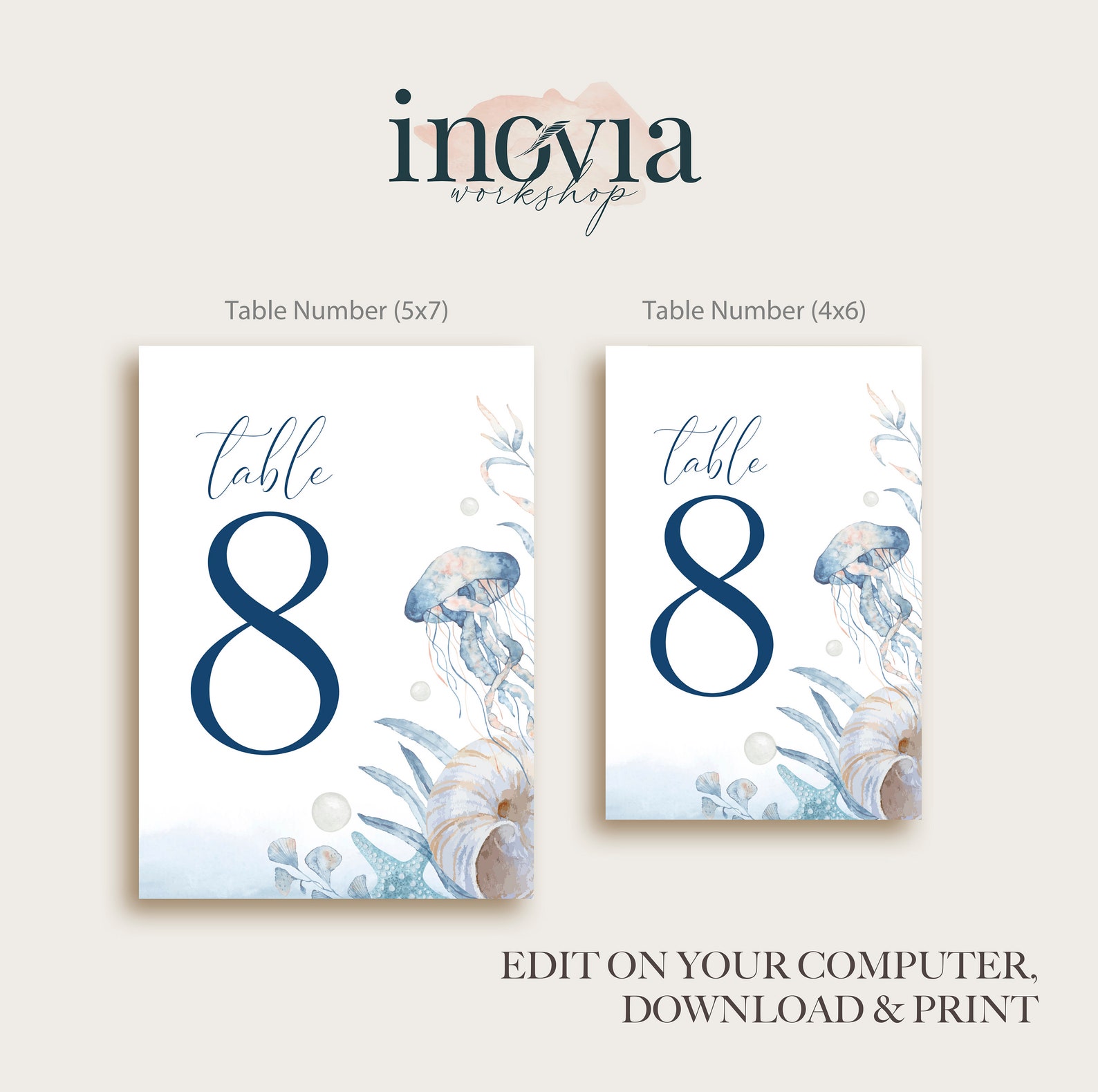 Blue Beach Ocean Themed Wedding Table Number Card Template, Editable ...