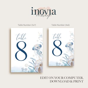 Blue Beach Ocean Themed Wedding Table Number Card Template, Editable ...