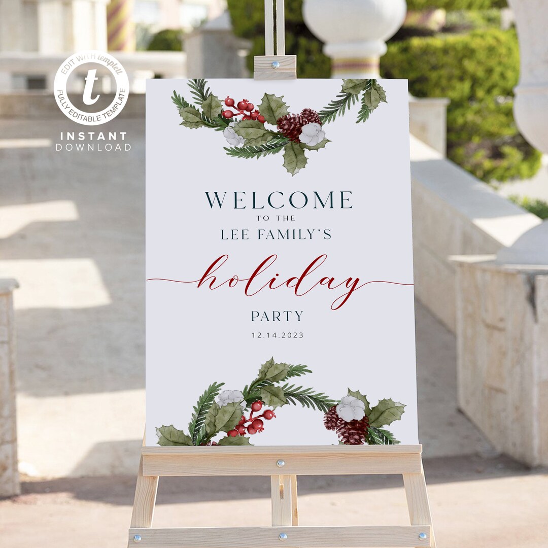 Holiday Party Sign Template, Editable Christmas Welcome Sign ...