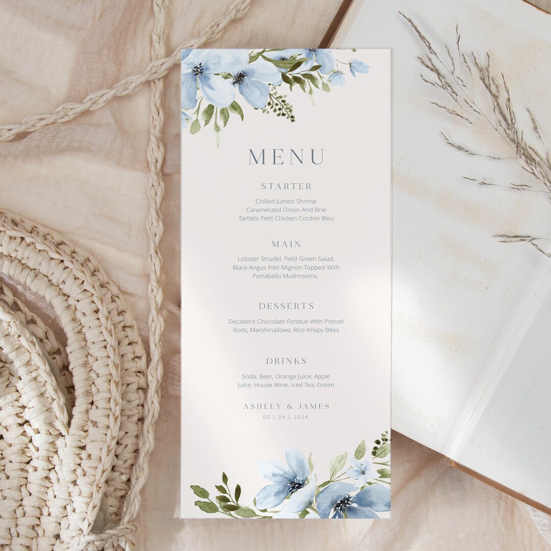 Dusty Blue Floral Wedding Menu Template, Blue Boho Flower Menu ...