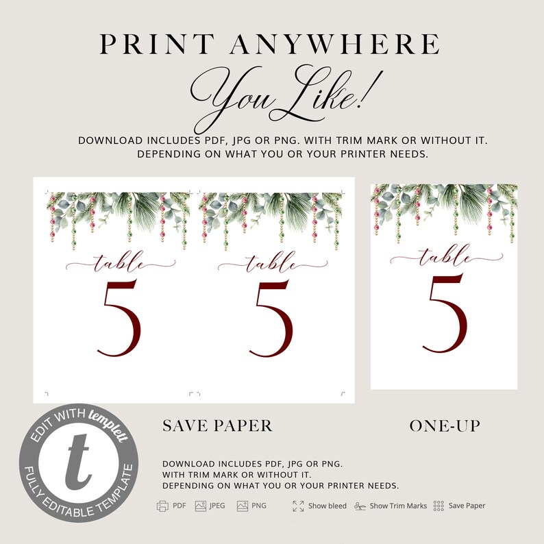 Christmas Printable Table Numbers Template, Holiday Table Numbers ...