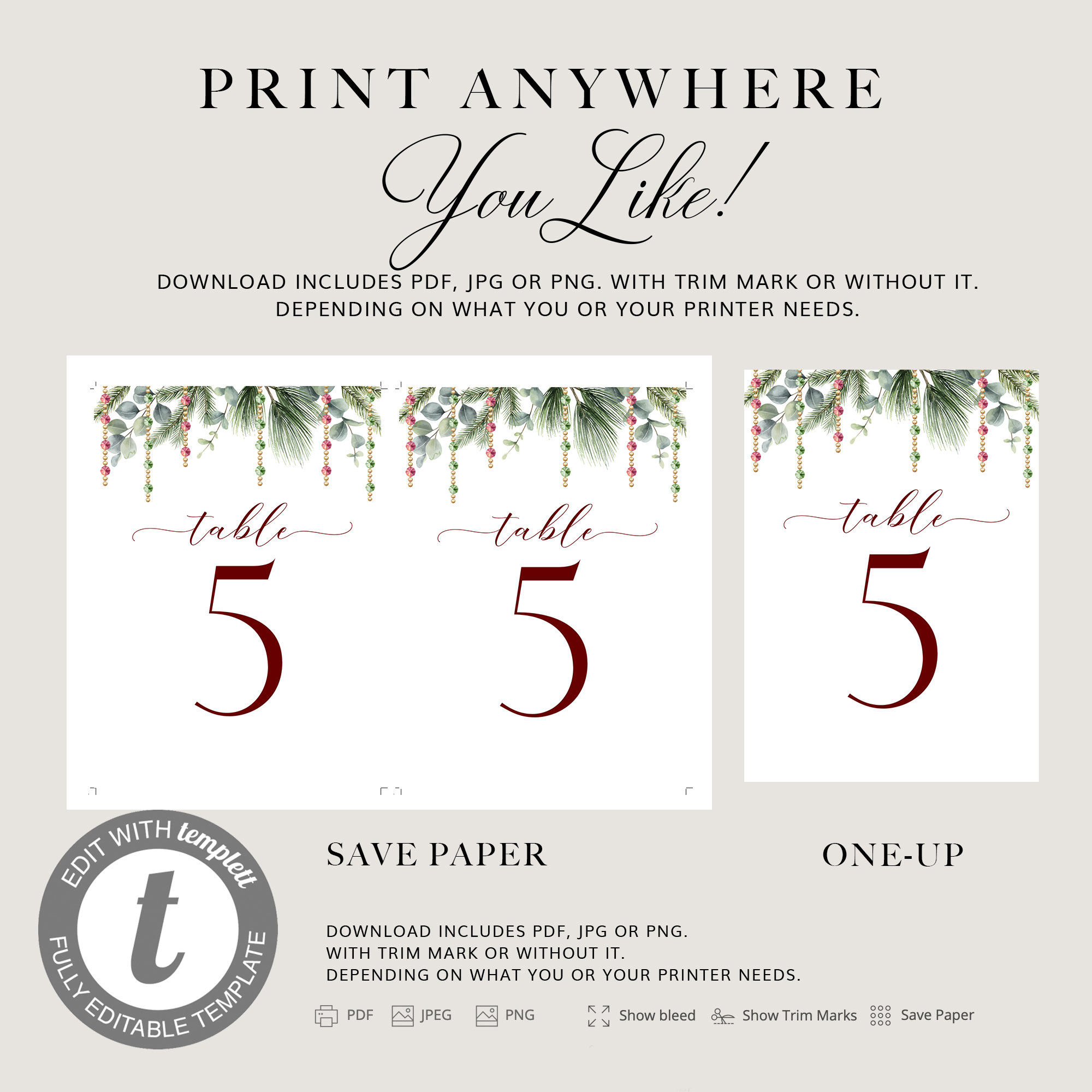 Christmas Printable Table Numbers Template, Holiday Table Numbers ...