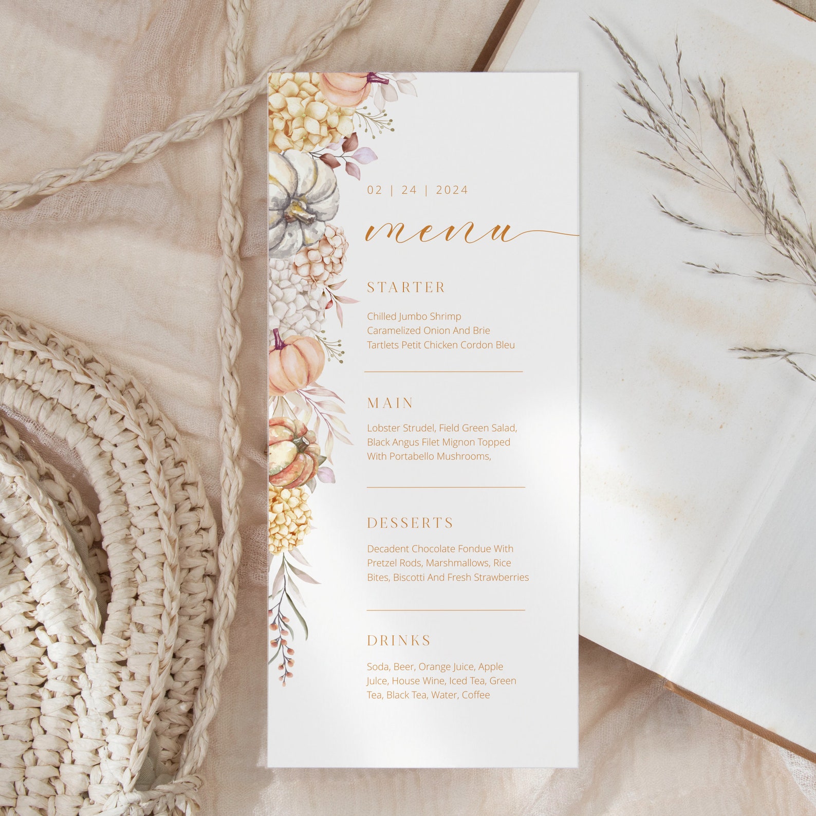 Floral Pumpkin Menu Template , Fall Party Brunch & Dinner, Fall Wedding ...