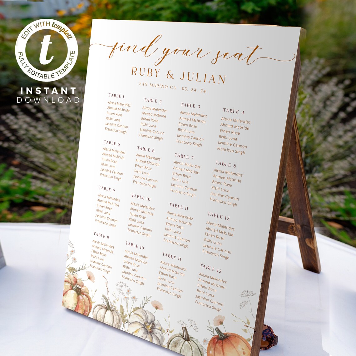 Fall Wildflower Pumpkin Seating Chart Template, Autumn Wedding Seating ...