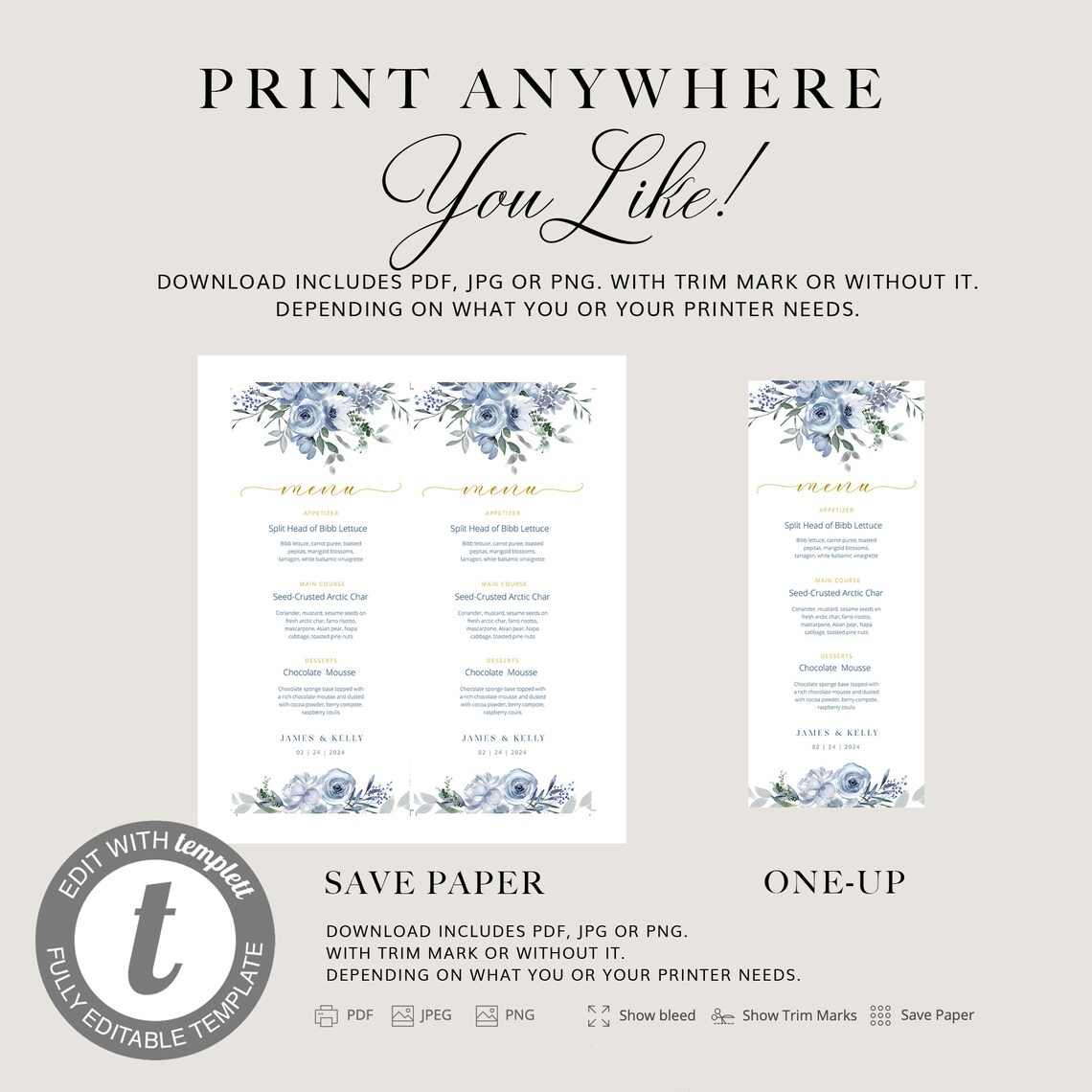 Dusty Blue Wedding Menu Template, Blue Boho Floral Menu, Printable ...