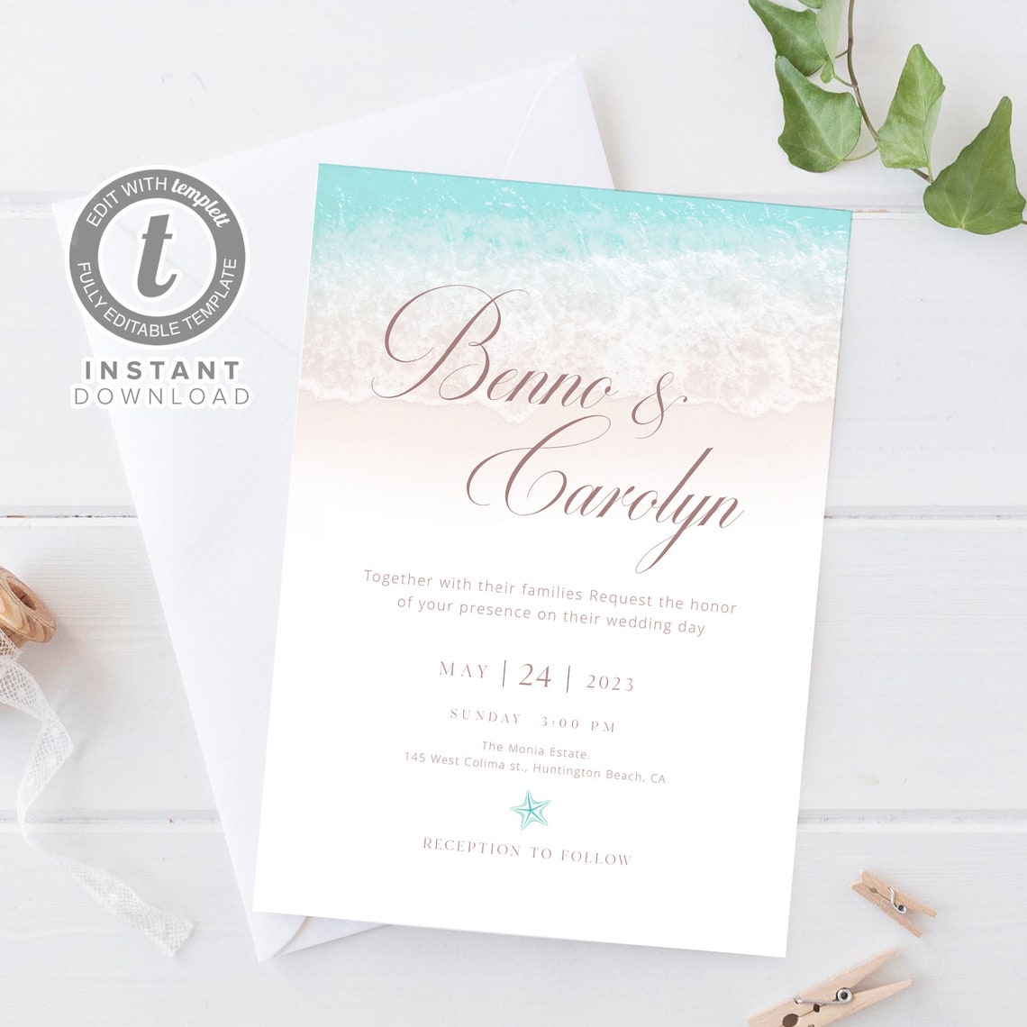 Beach Themed Wedding Invitation Set Template Editable Wedding | Etsy