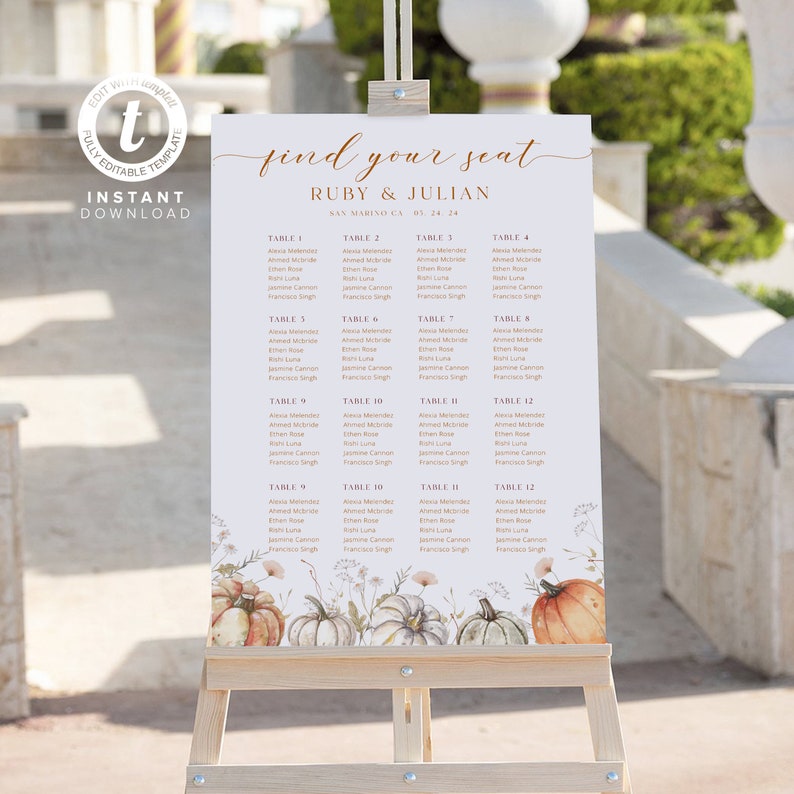 Fall Wildflower Pumpkin Seating Chart Template, Autumn Wedding Seating ...