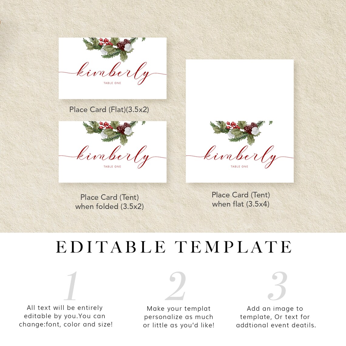 Christmas Place Card Template, Holiday Seating Card, Winter Wedding ...