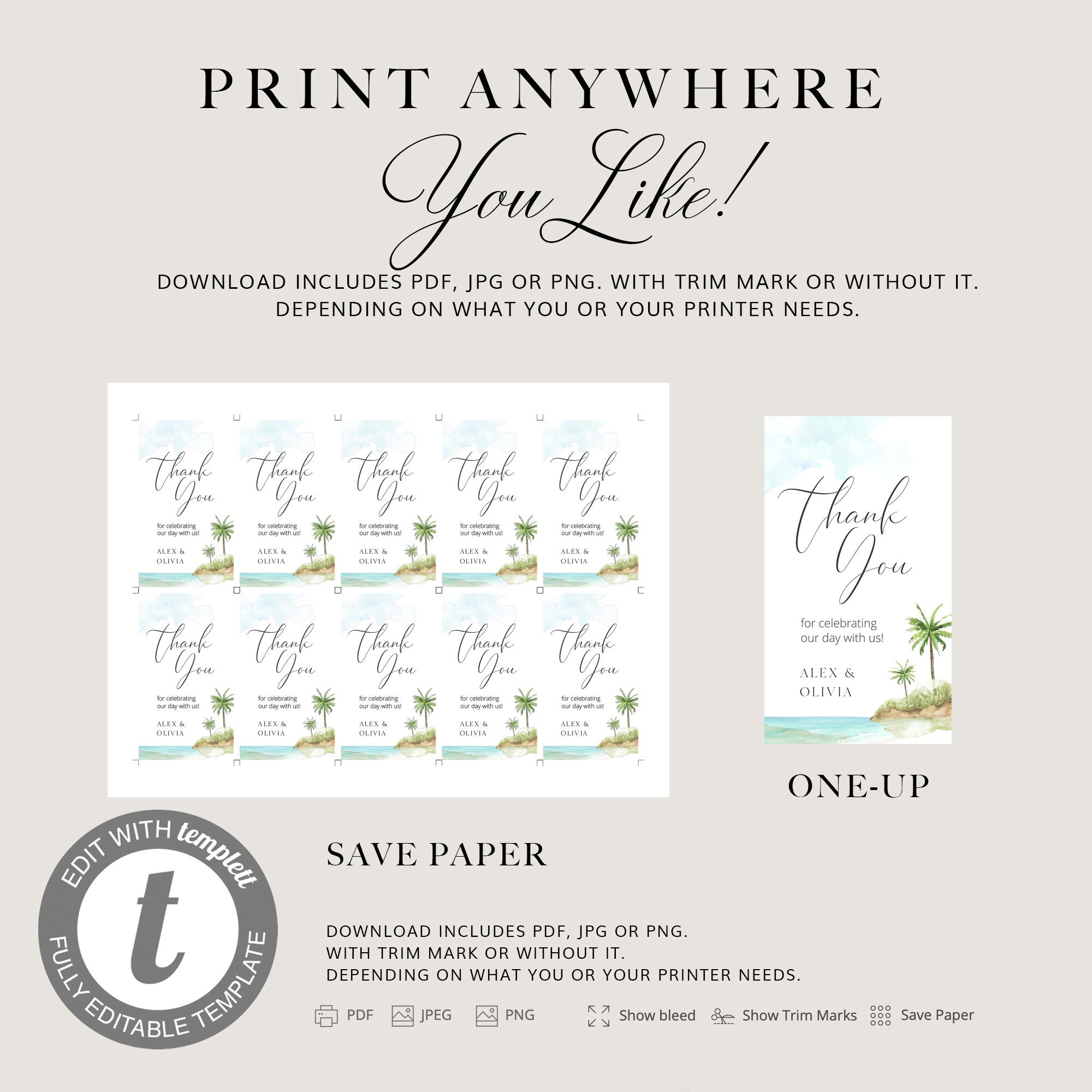 Ocean Beach Theme Thank You Gift Tag Template,templett Favor Tag ...