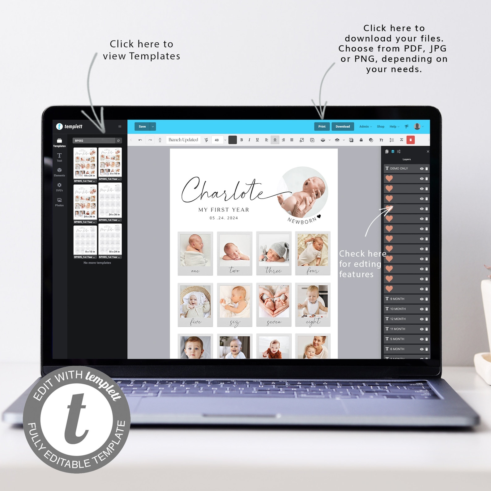Printable One Year of Baby Photo Template | Editable First Birthday ...