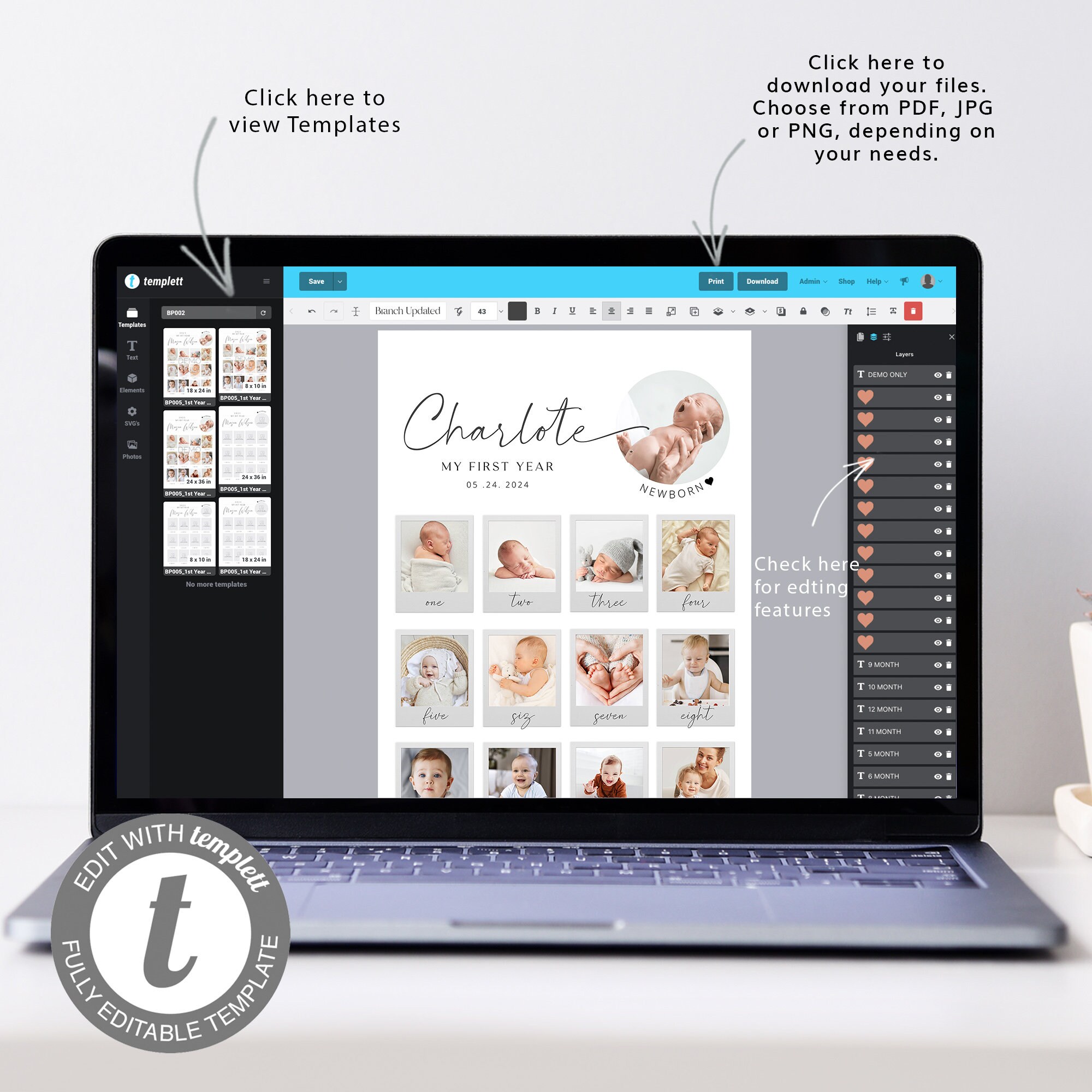Printable One Year of Baby Photo Template | Editable First Birthday ...