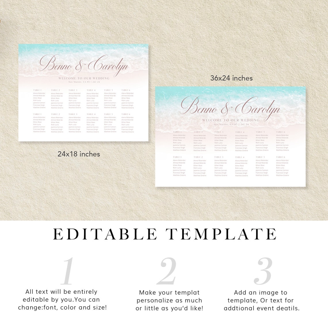 Summer Beach Sand Wedding Seating Chart Template Ocean Beach - Etsy
