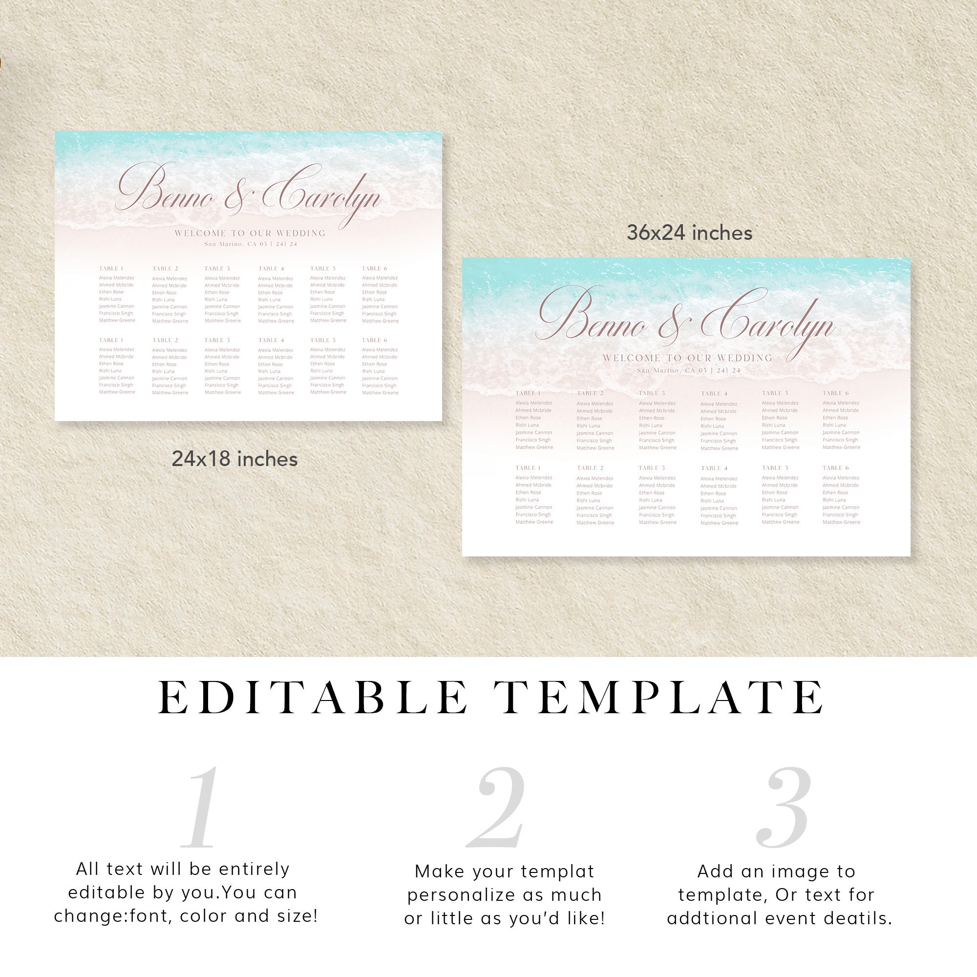 Summer Beach Sand Wedding Seating Chart & Table Card Template Bundle ...