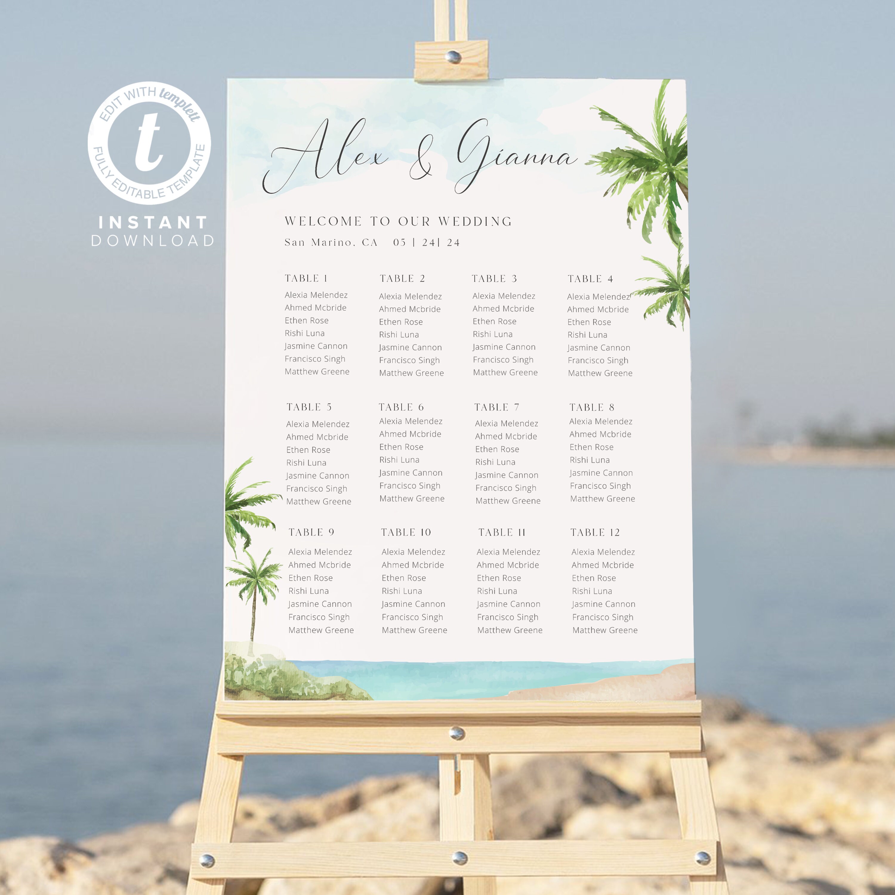 Summer Beach Wedding Seating Chart Template (INSTANT Download) - Etsy