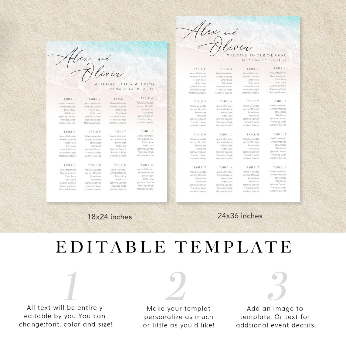Summer Beach Wedding Seating Chart Template Ocean Beach - Etsy