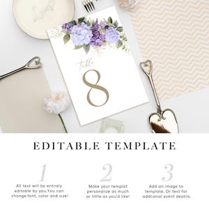Hydrangea Table Numbers Template,editable Purple Floral Wedding Table ...