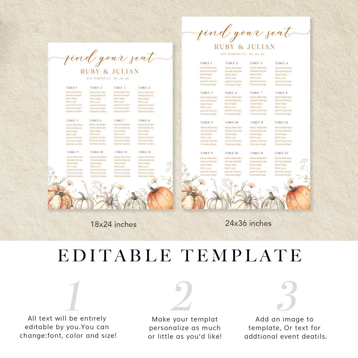 Fall Wildflower Pumpkin Seating Chart Template, Autumn Wedding Seating ...