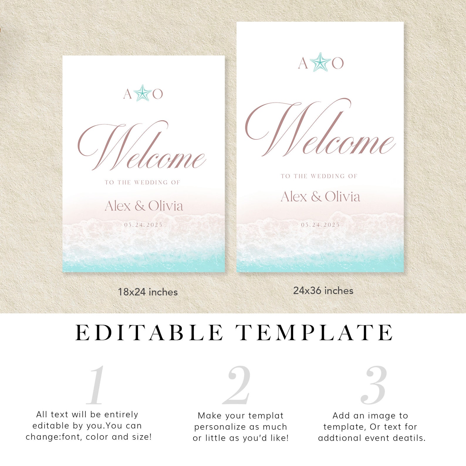 Beach Themed Wedding Welcome Sign Template, Summer Ocean Wedding Sign ...