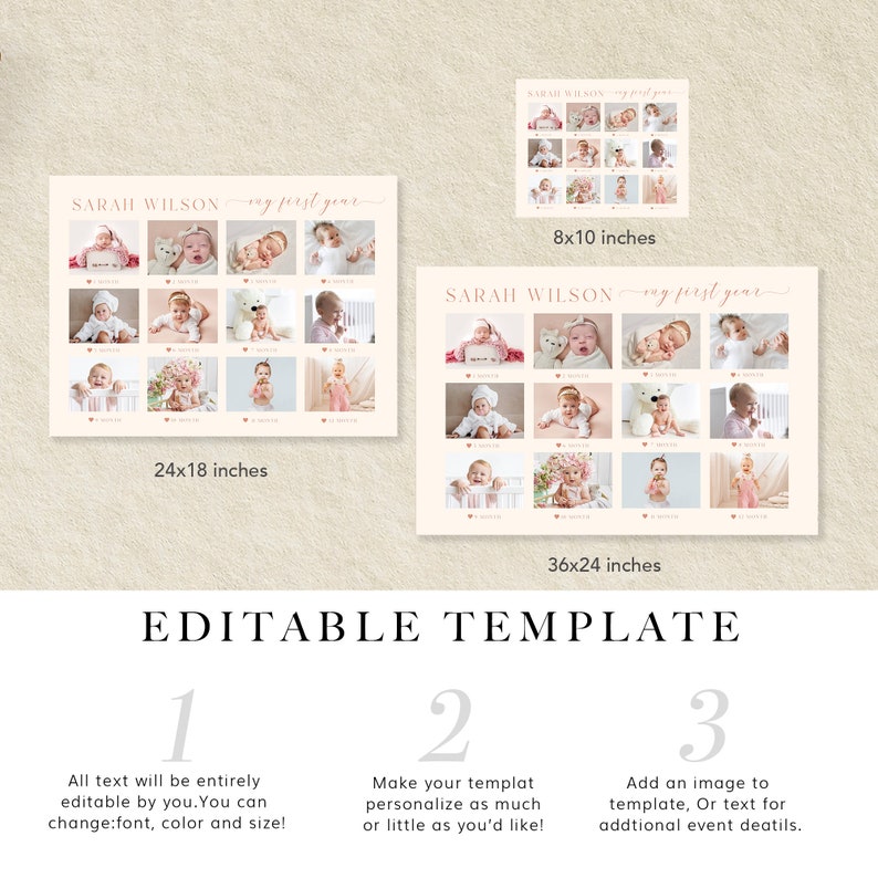 Printable One Year of Baby Photo Template First Birthday Milestones ...