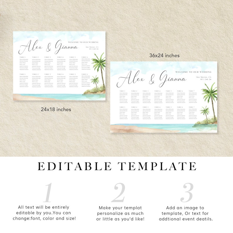 Summer Beach Wedding Seating Chart Template, Ocean Beach Seating Plan ...