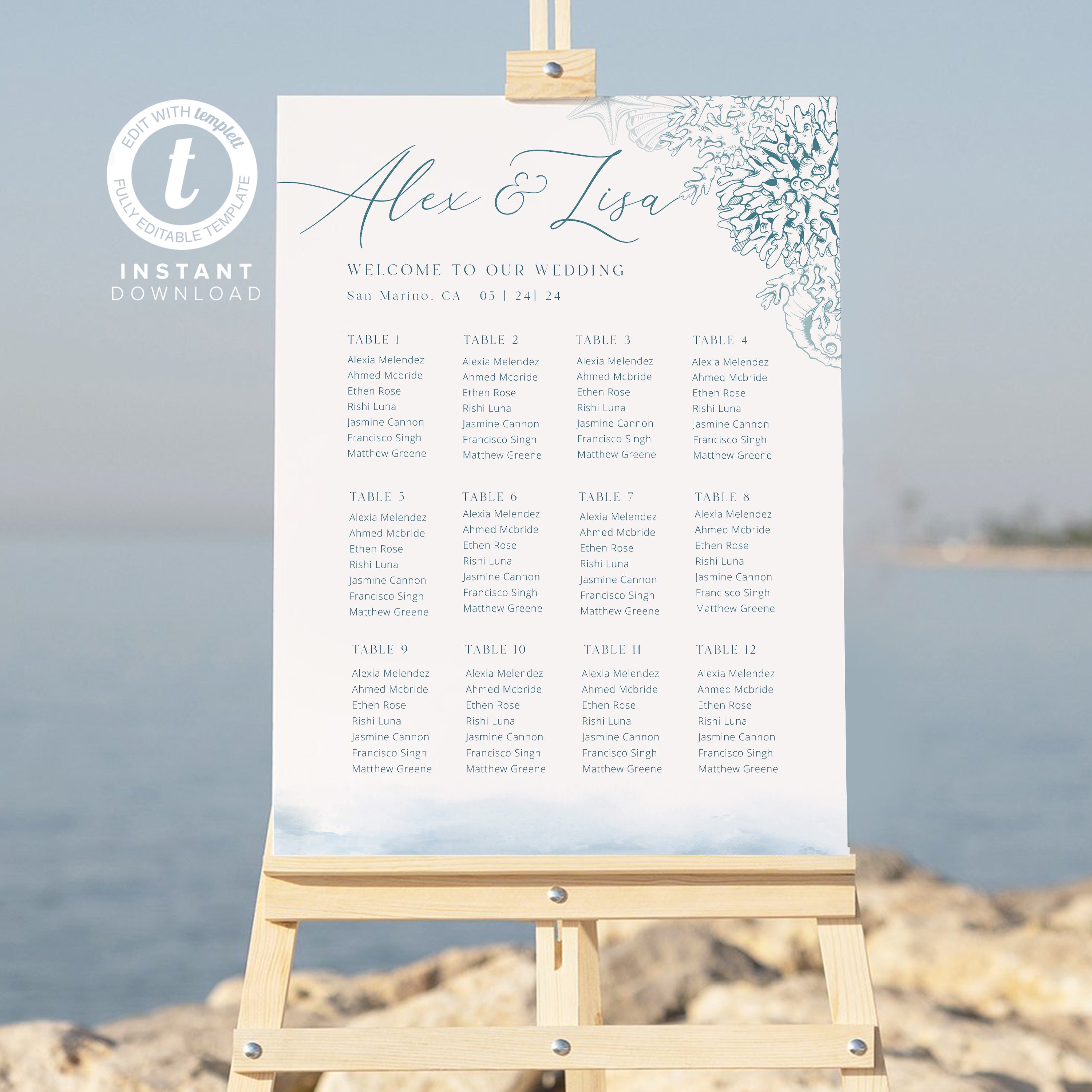 Blue Ocean Wedding Seating Chart Template, Summer Beach Seating Plan ...