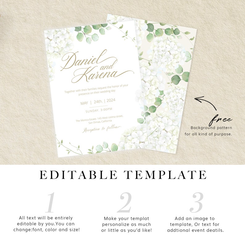Greenery Hydrangeas Wedding Invitation Template, Editable Wedding ...