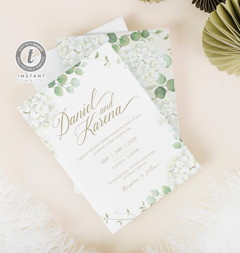 Greenery Hydrangeas Wedding Invitation Template, Editable Wedding ...