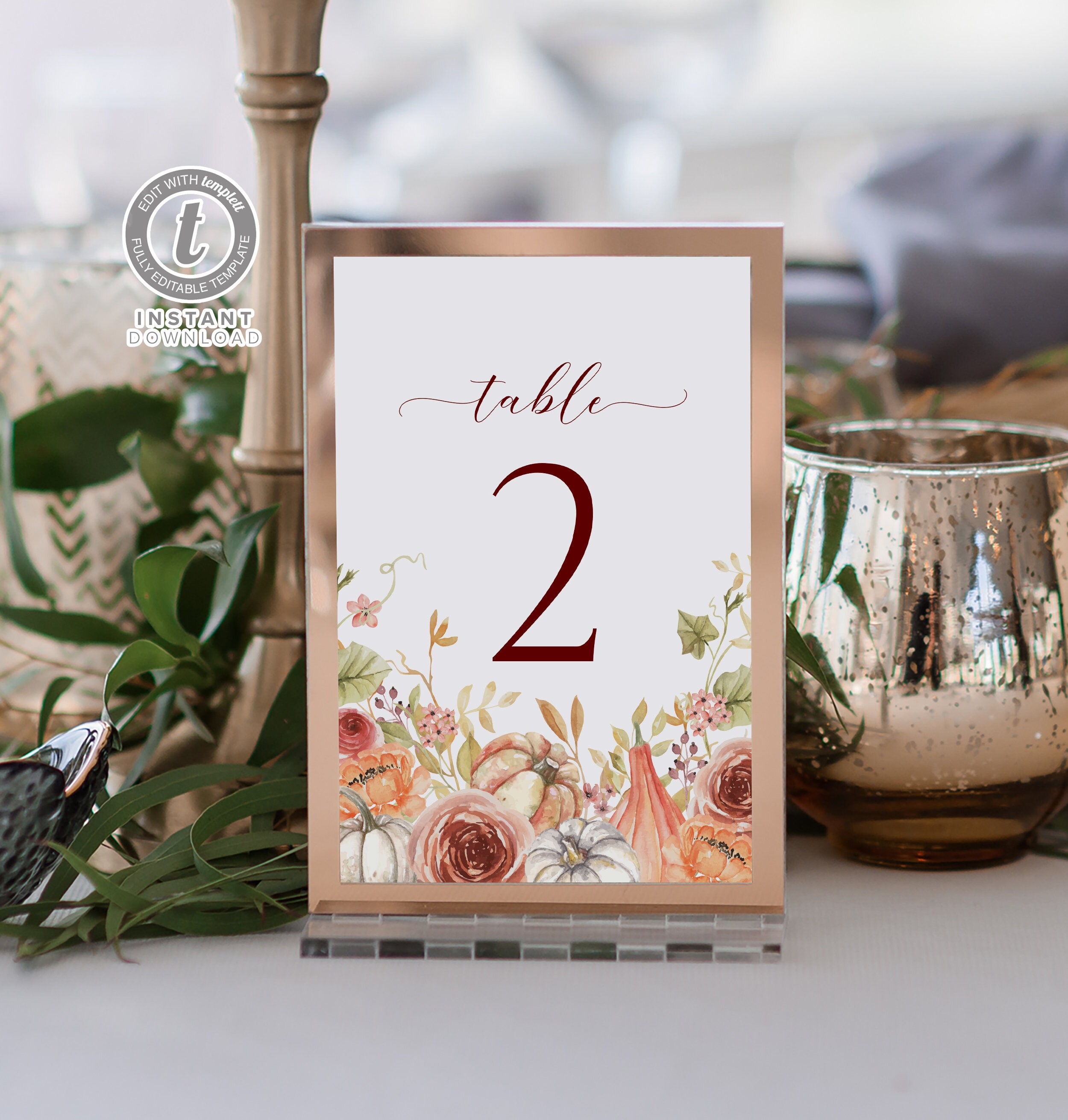 Fall Floral Pumpkin Wedding Table Number Template,editable Wildflower ...