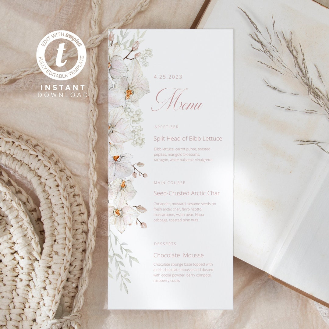 Editable Boho Wedding Menu Template, Boho Orchid Floral Menu, Printable ...