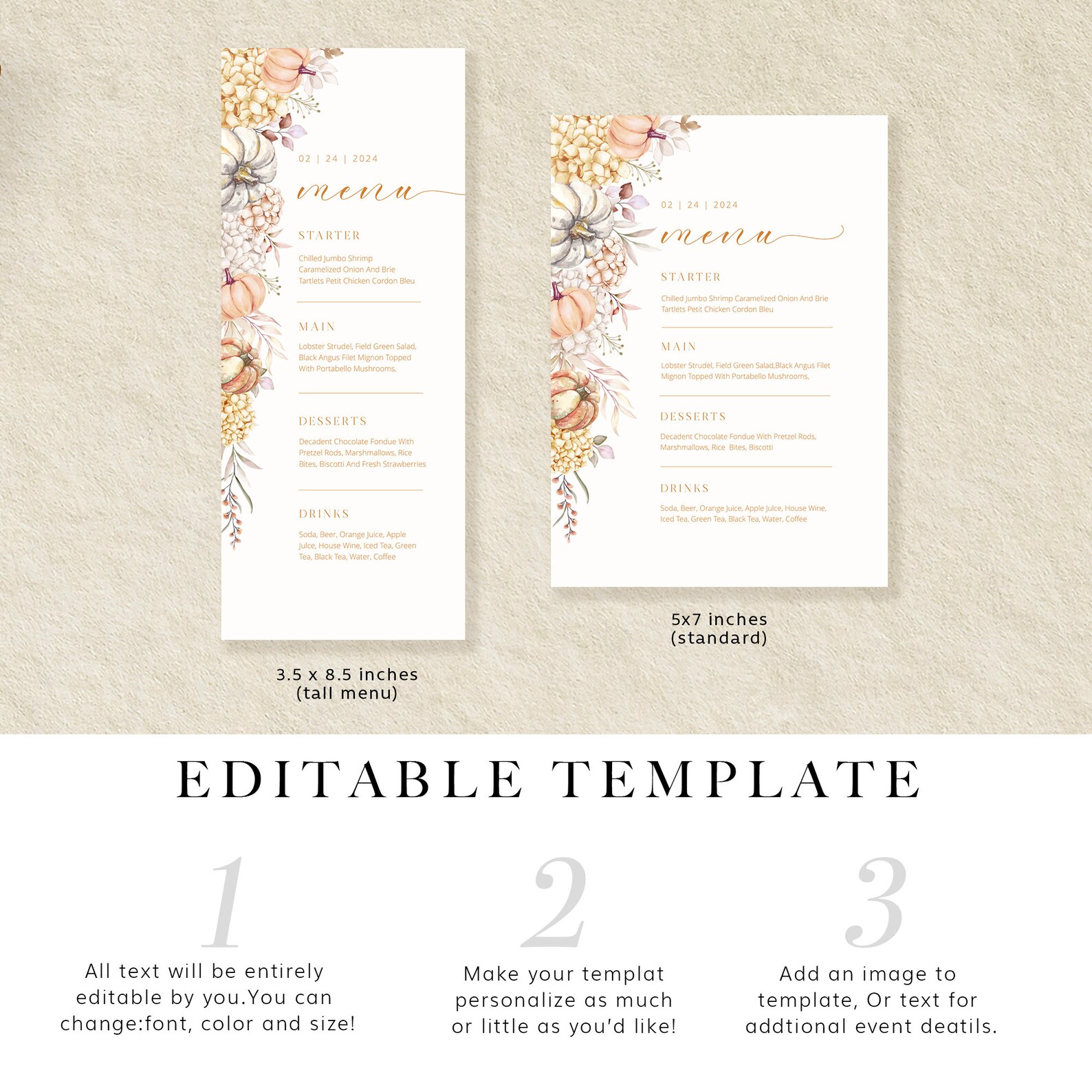 Floral Pumpkin Menu Template , Fall Party Brunch & Dinner, Fall Wedding ...