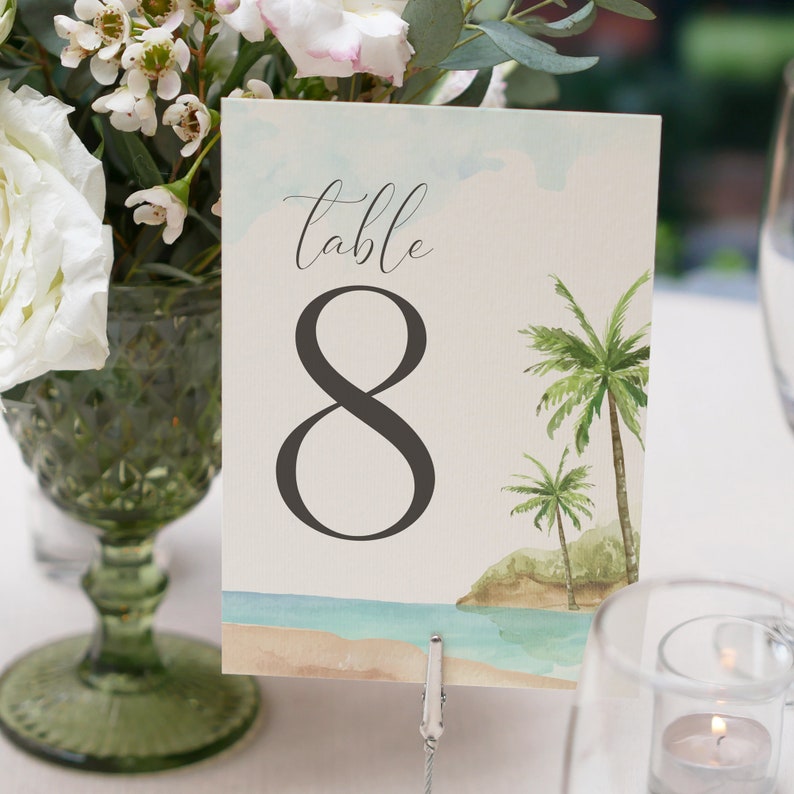 Beach Ocean Themed Wedding Table Number Card Template, Editable ...