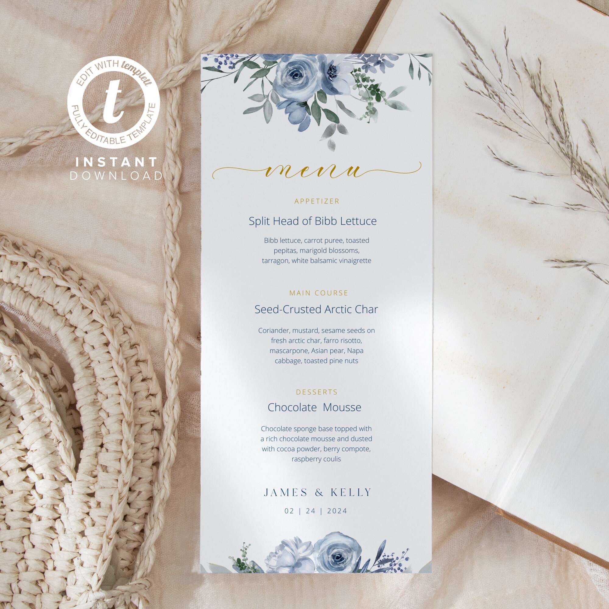 Dusty Blue Wedding Menu Template, Blue Boho Floral Menu, Printable ...
