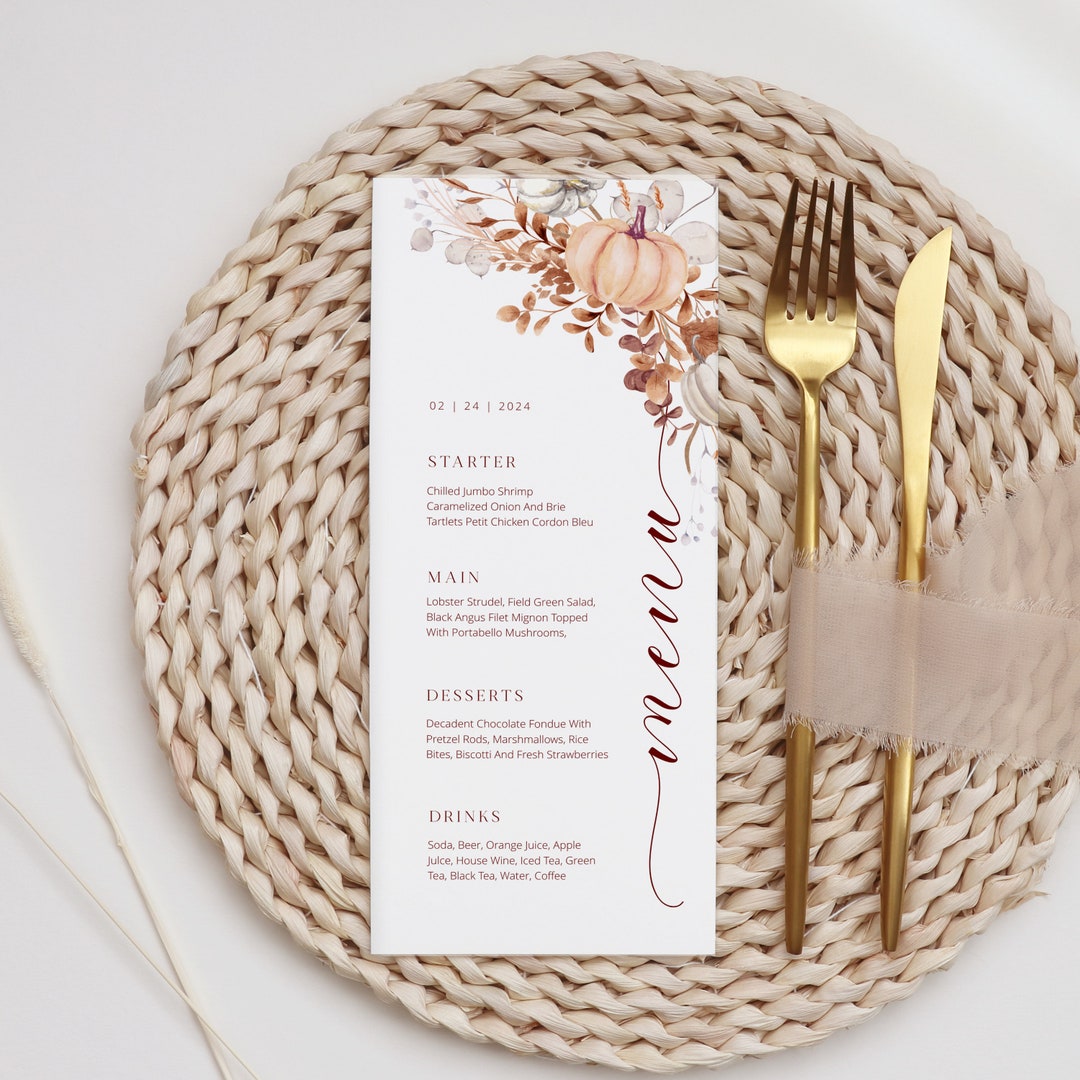 Fall Floral Pumpkin Menu Template , Party Brunch, Dinner, Autumn ...