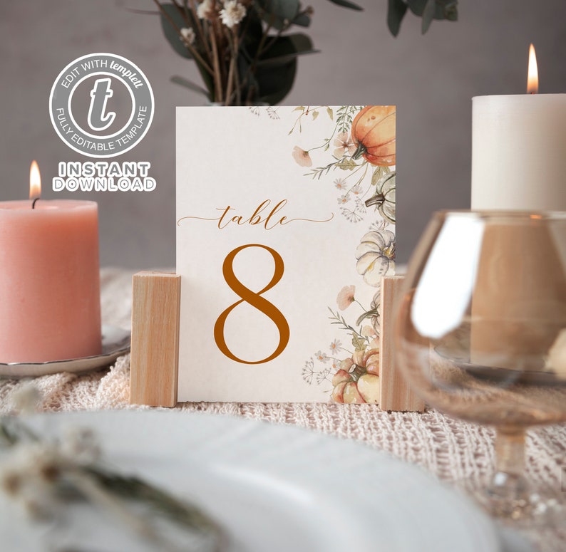 Fall Wildflower Pumpkin Wedding Table Number Template, Editable Number ...
