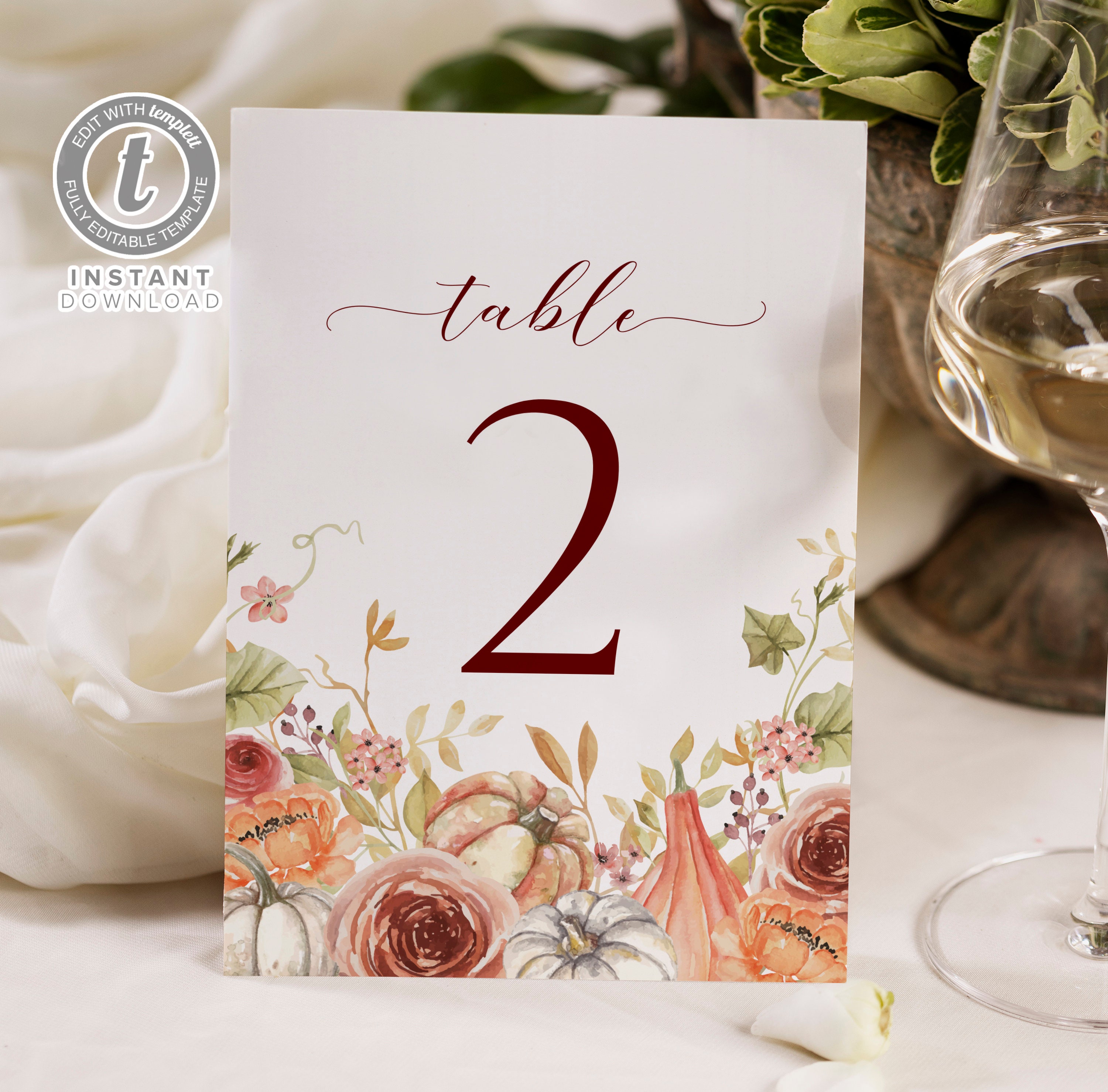 Fall Floral Pumpkin Wedding Table Number Template,editable Wildflower ...