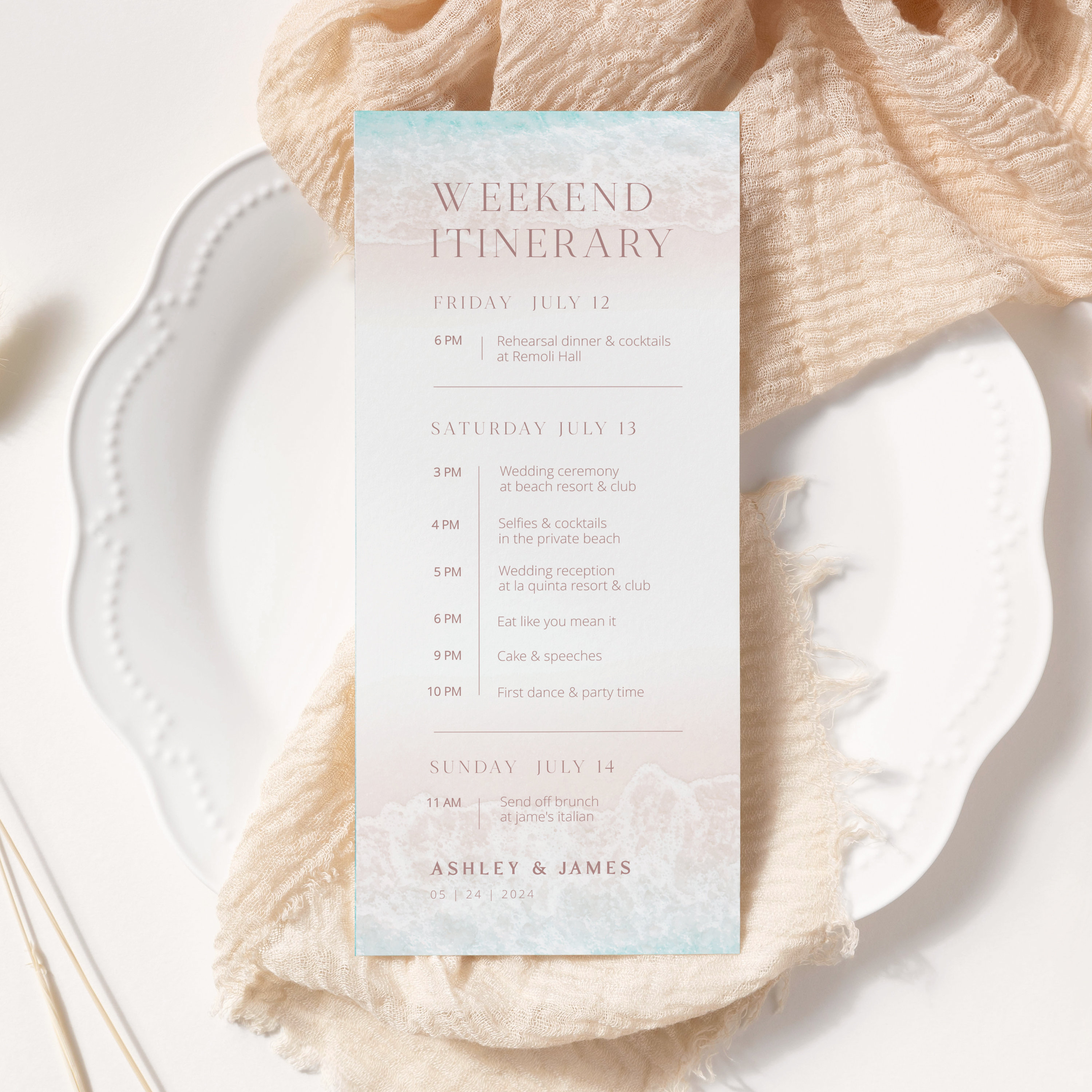 Beach Weekend Itinerary Templateocean Beach Sand Wedding - Etsy