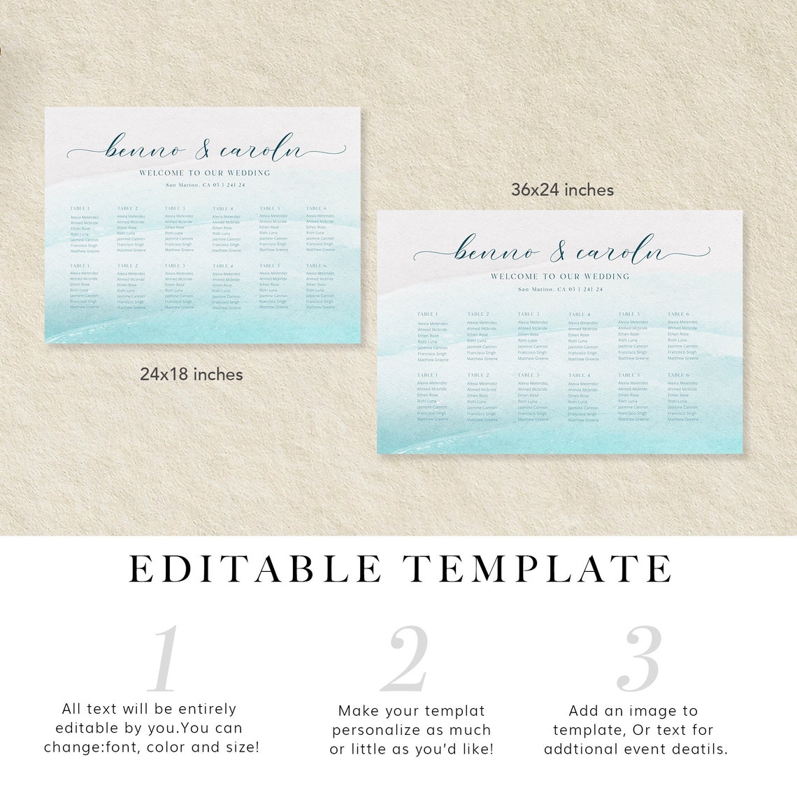 Ocean Beach Sand Wedding Seating Chart Template, Summer Ocean Beach ...